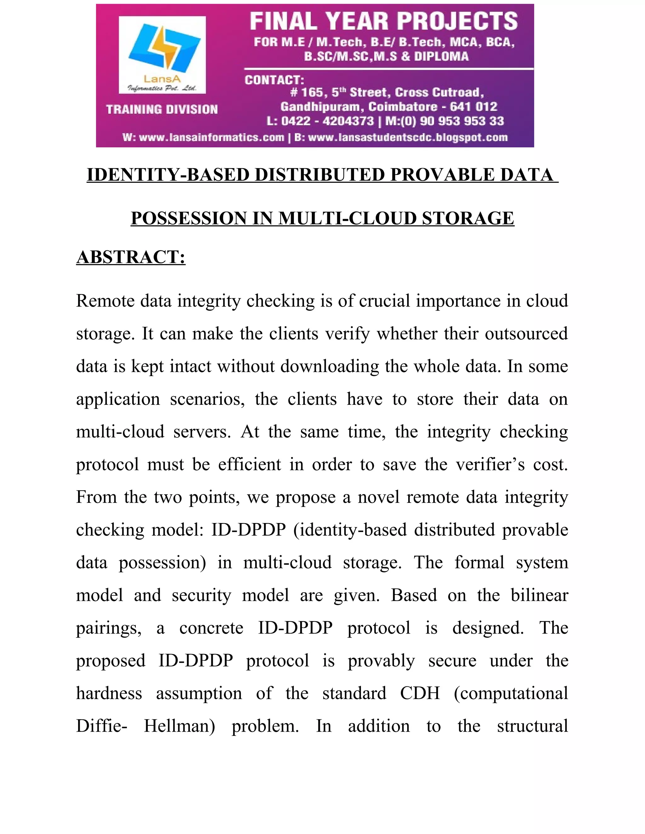 Identity based distributed provable data possession in multi-cloud storage | PDF