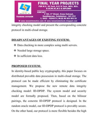 Identity based distributed provable data possession in multi-cloud storage | PDF