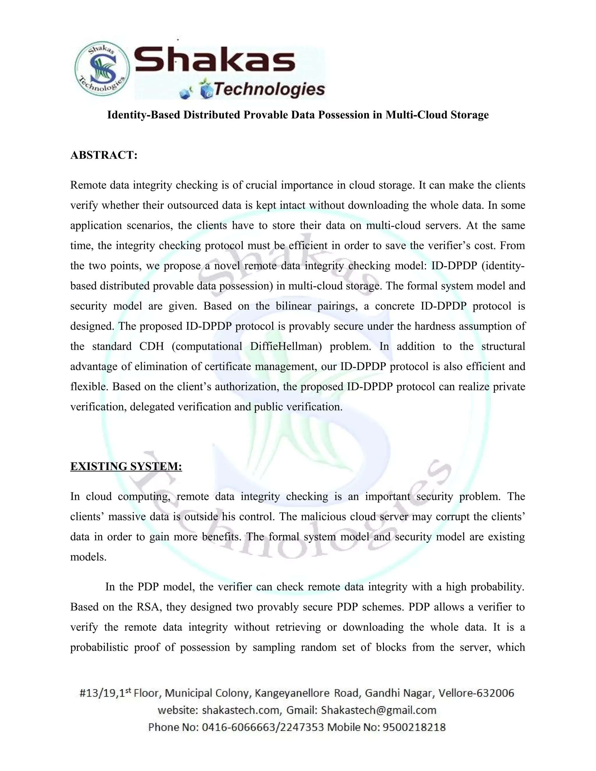 Identity based distributed provable data possession in multi-cloud storage | DOC