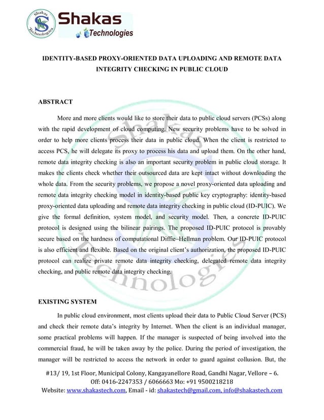 Identity based proxy-oriented data uploading and remote data integrity checking in public cloud ...