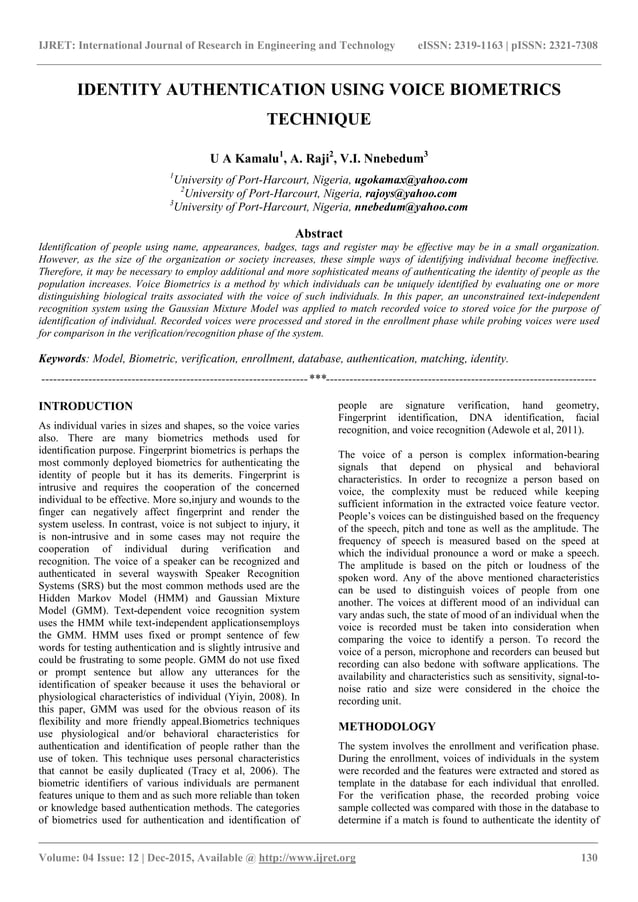 Identity authentication using voice biometrics technique | PDF