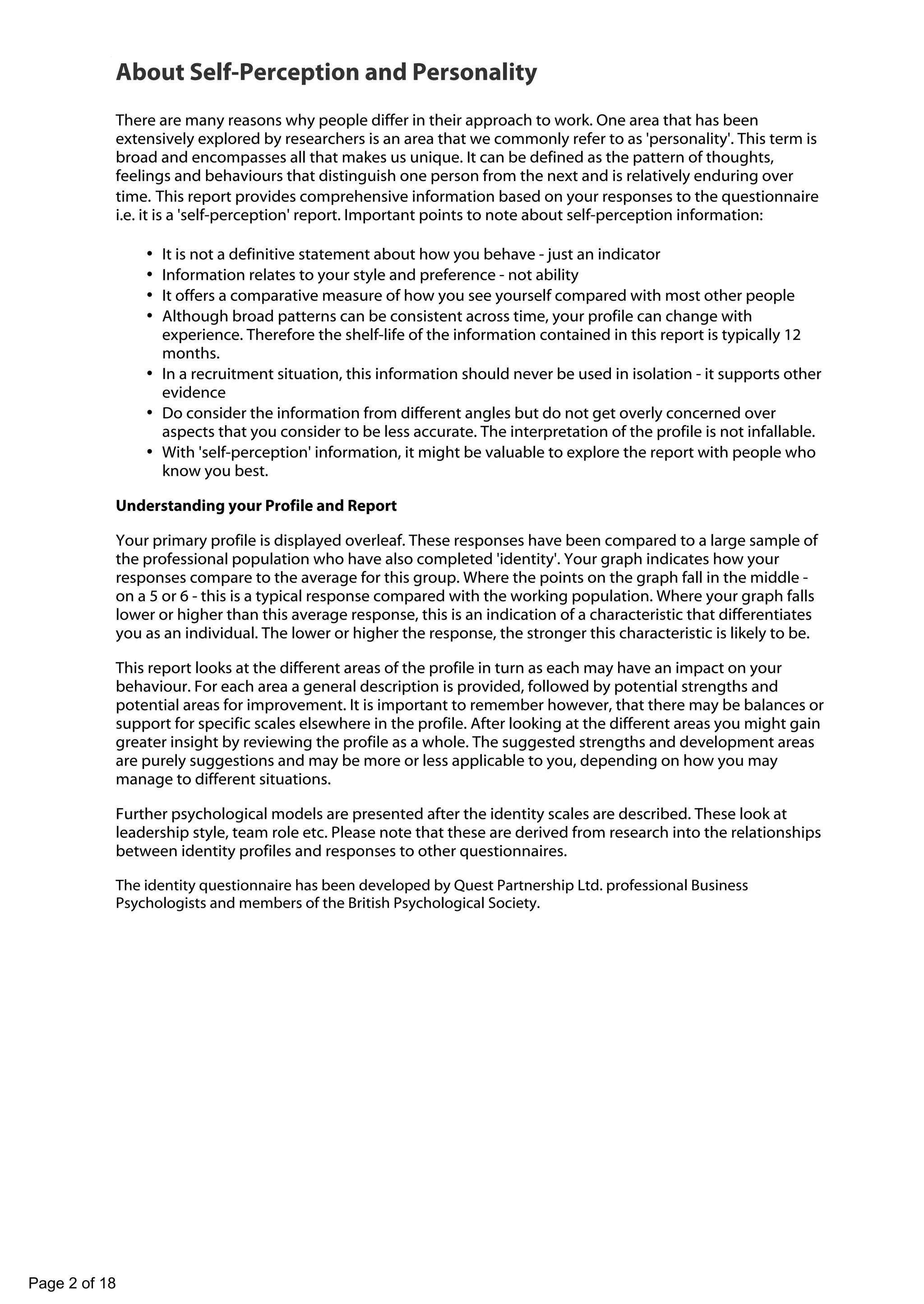 Identity Self-Perception Business Personality Questionnaire Feedback ...