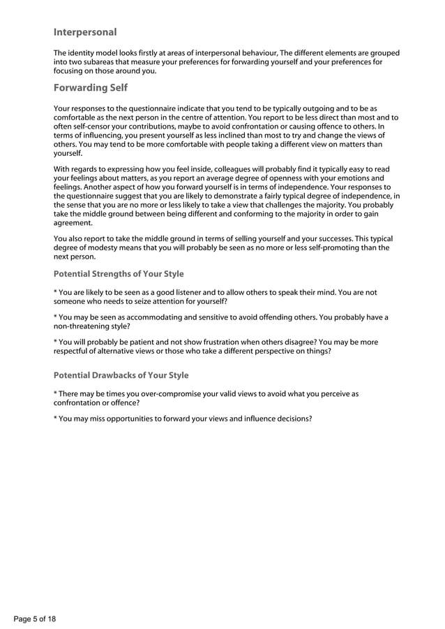 Identity Self-Perception Business Personality Questionnaire Feedback ...
