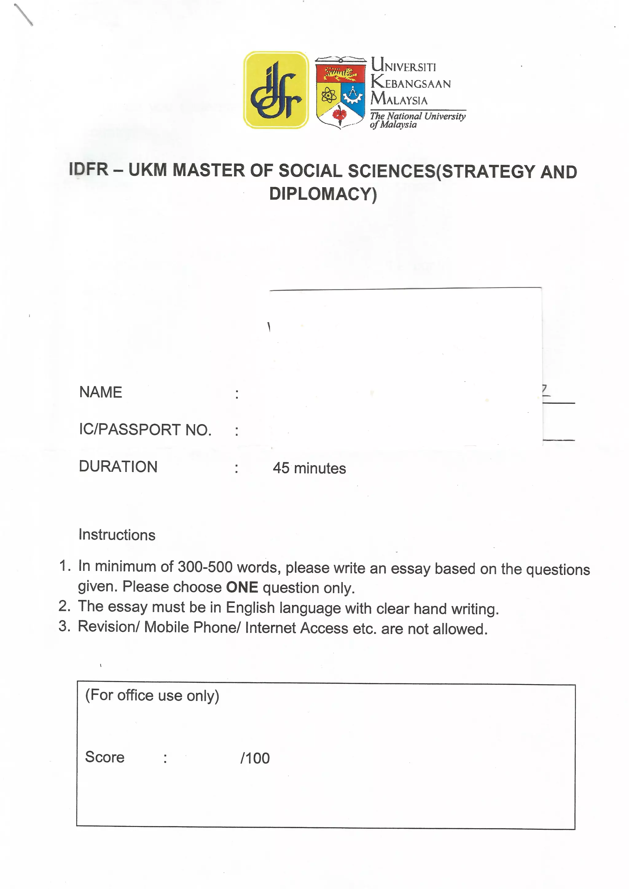 IDFR-UKM Master's Of Social Sciences (Strategy and Diplomacy) Written ...