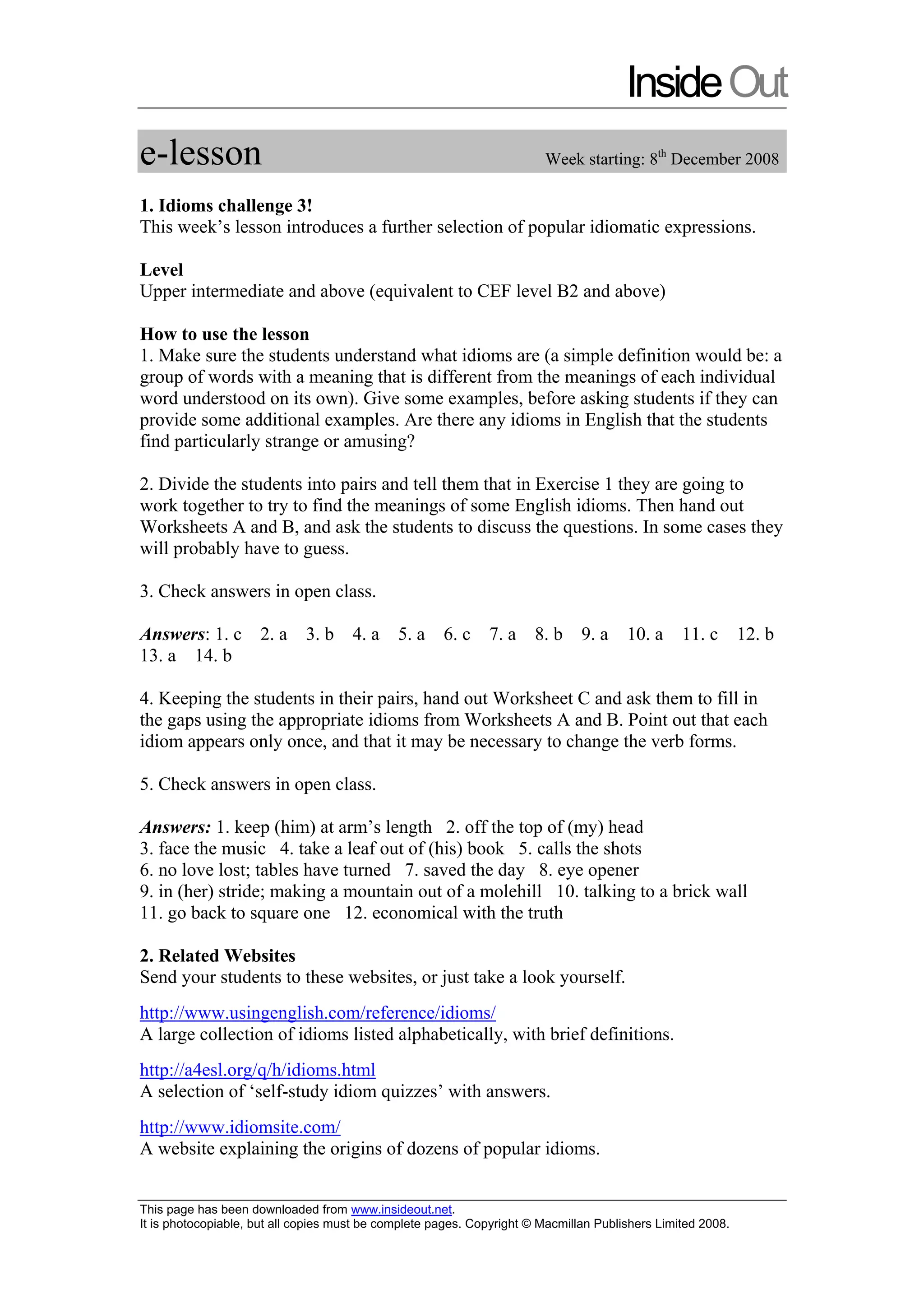 Idioms challenge 3 teacher's notes | PDF