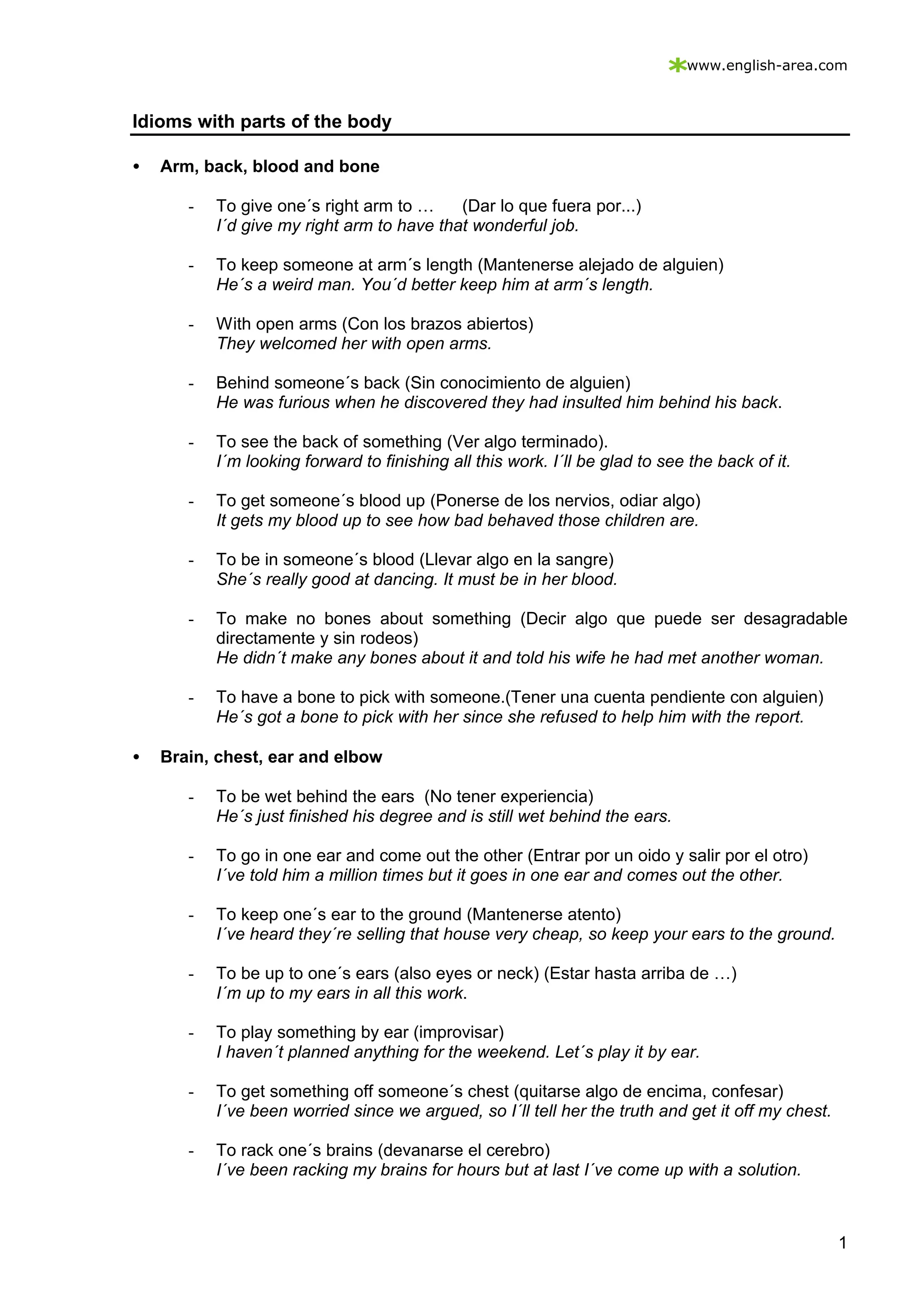 Idioms parts of the body | PDF