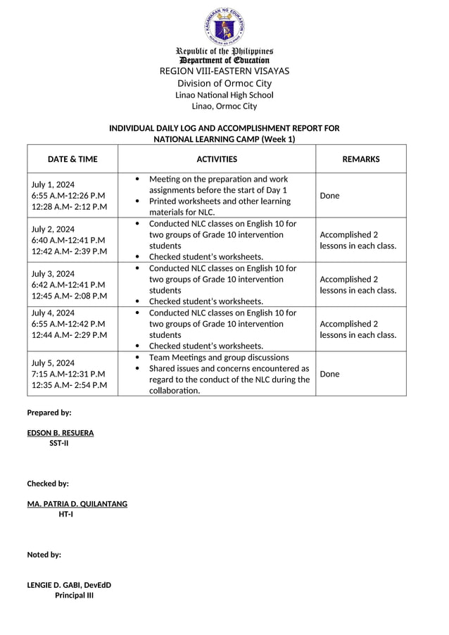 Individual Daily Lod and Accomplishment Report | PDF