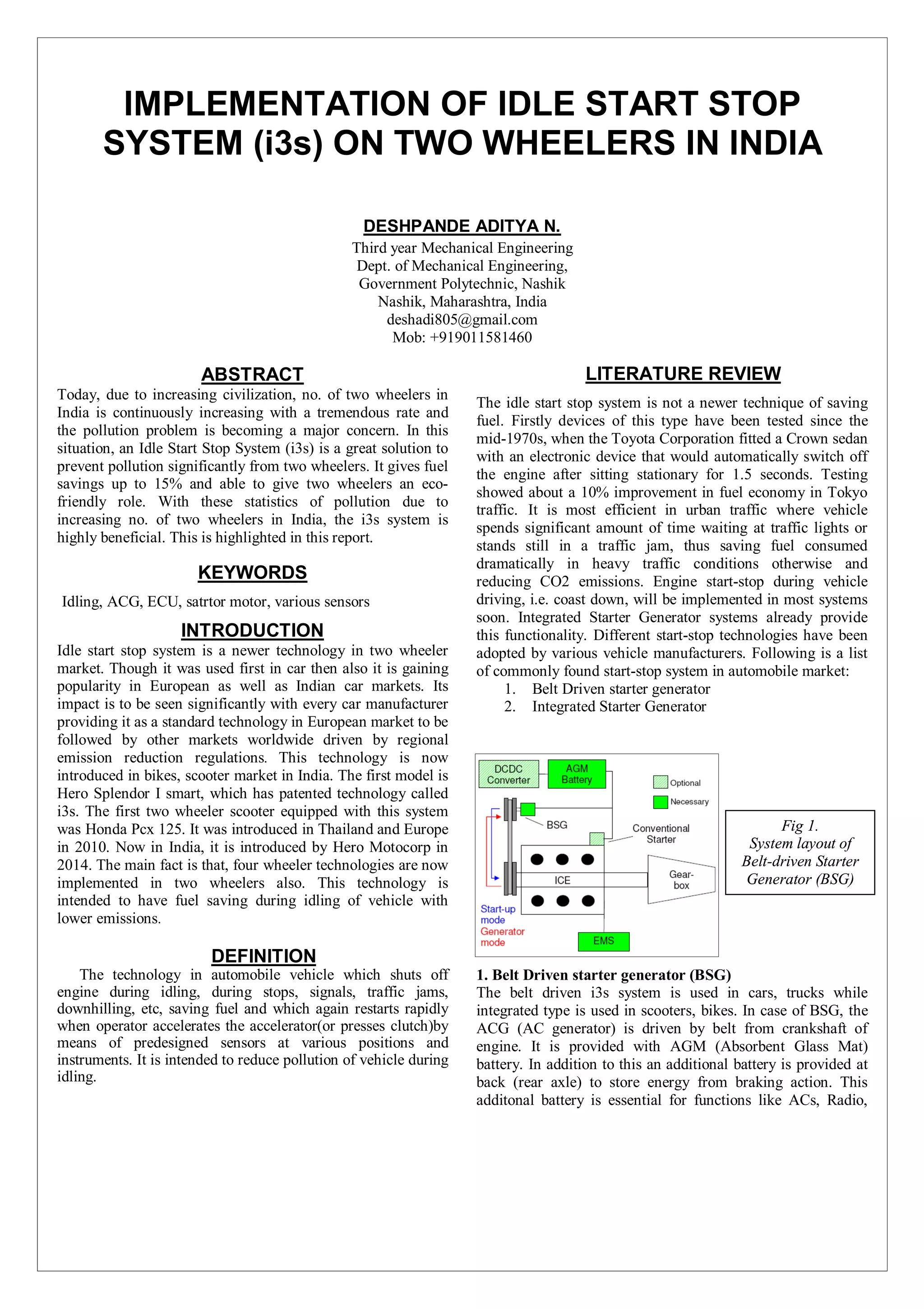 Idle start stop system( i3s) in India Aditya Deshpande | PDF