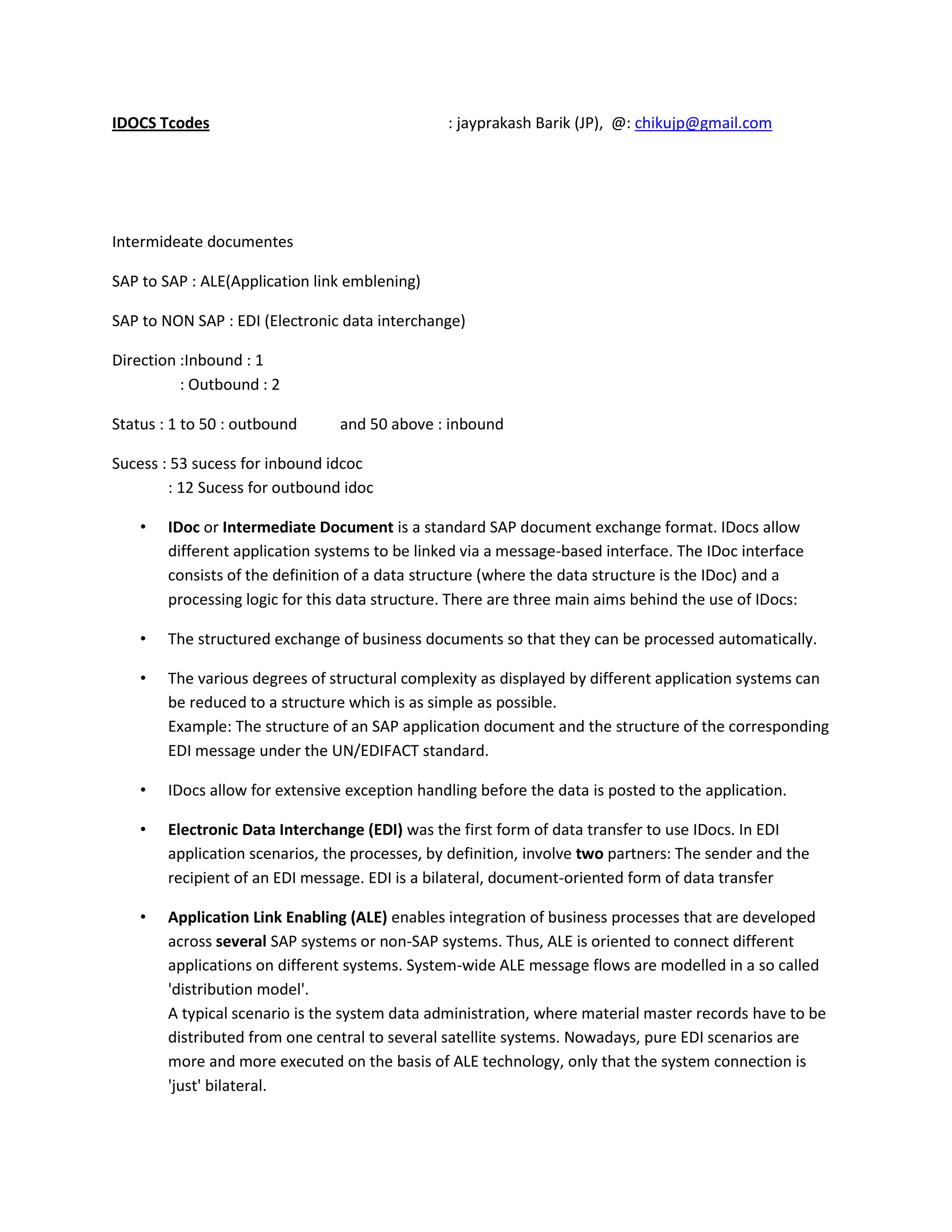 Idocs tcodes and others , sap idoc | DOCX