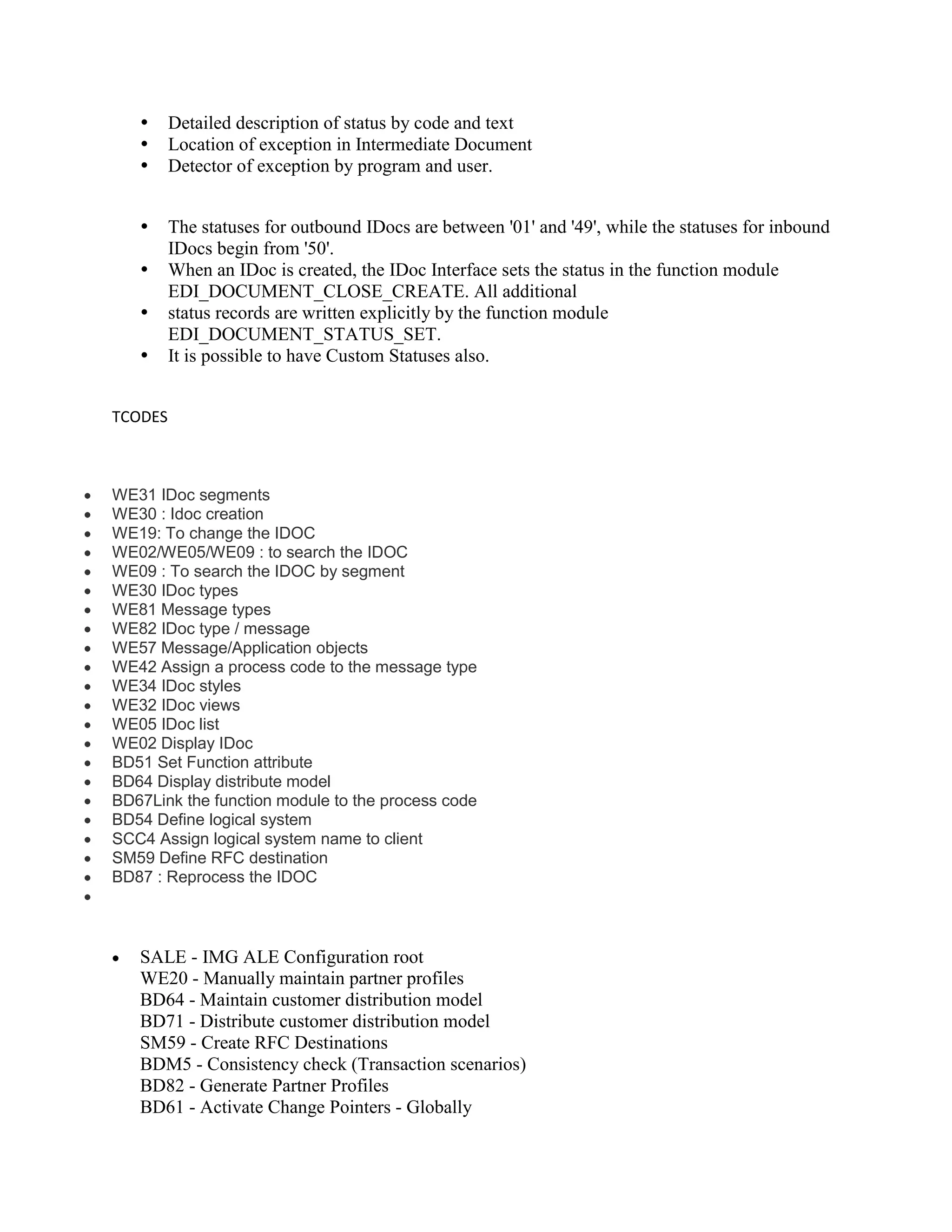 Idocs tcodes and others , sap idoc | DOCX