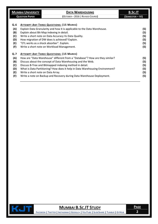 Data Warehousing (October – 2016) [Question Paper | IDOL: Revised Course] | PDF | Databases ...