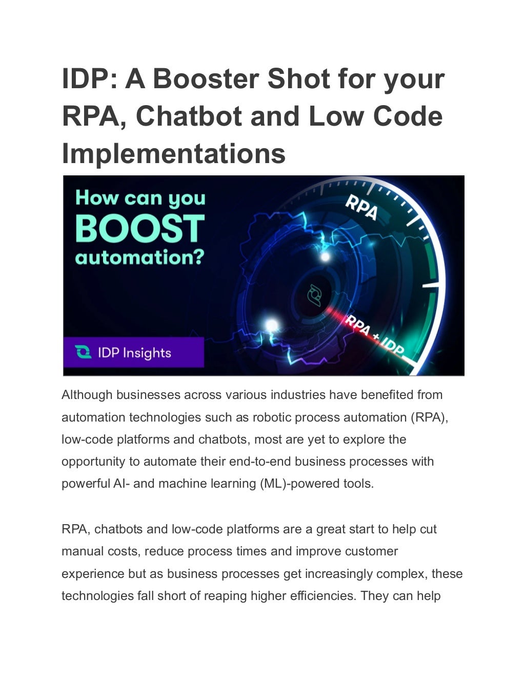 IDP: A Booster Shot for your RPA, Chatbot and Low Code Implementations | PDF