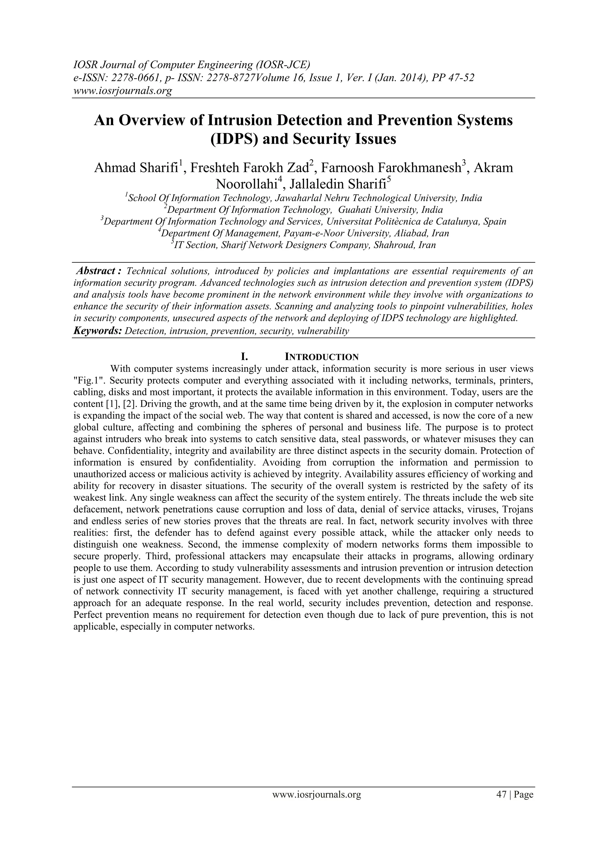 An Overview of Intrusion Detection and Prevention Systems (IDPS) and security issues | PDF