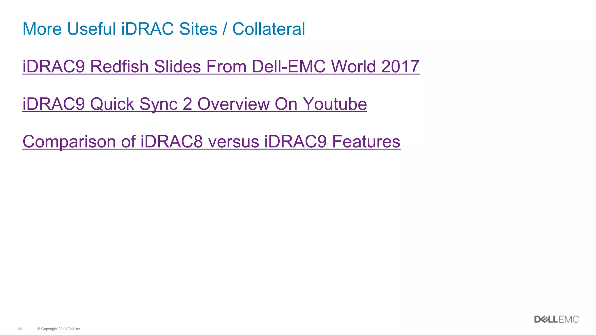 Dell EMC PowerEdge iDRAC9 - 14 features for power users | PDF