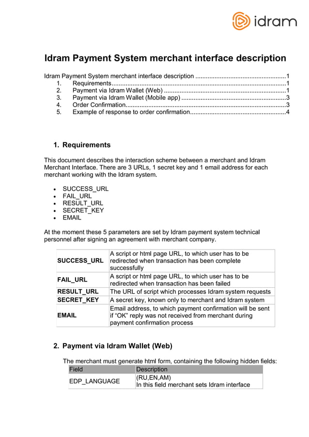Idram merchant api- Idram Payment System merchant interface description | PDF