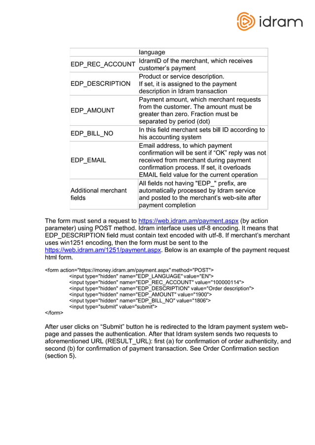 Idram merchant api- Idram Payment System merchant interface description | PDF