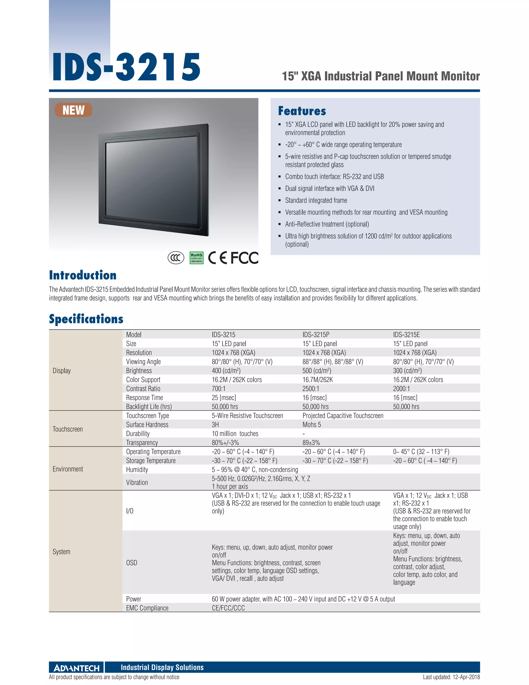 IDS-3215 | Panel Mount Display | Advantech | iTG India | PDF