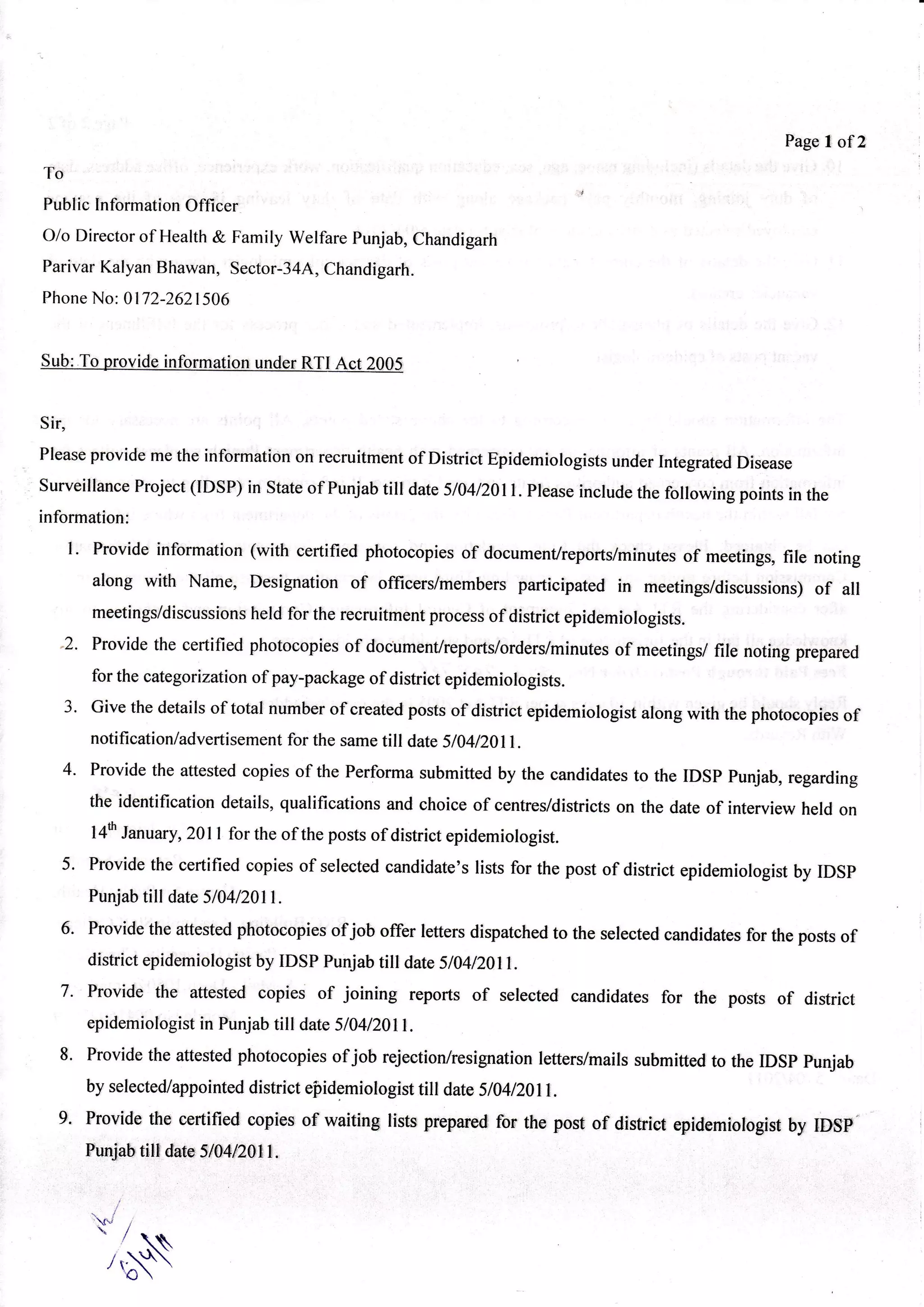 EPIDEMIOLOGIST IDSP PUNJAB RTI APPLICATION | PDF