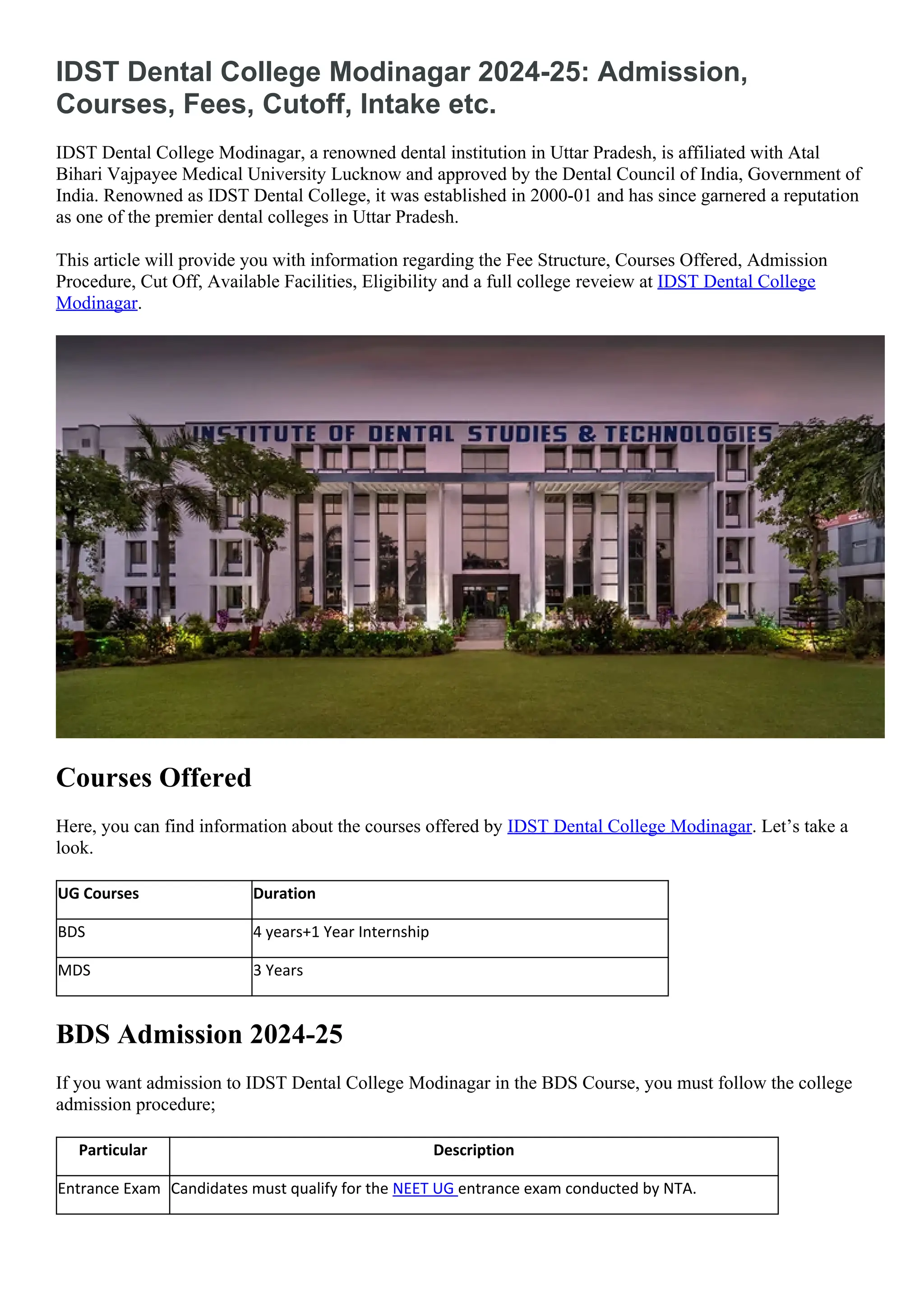 IDST Dental College Modinagar 2024-25 course | PDF | Dental Health ...