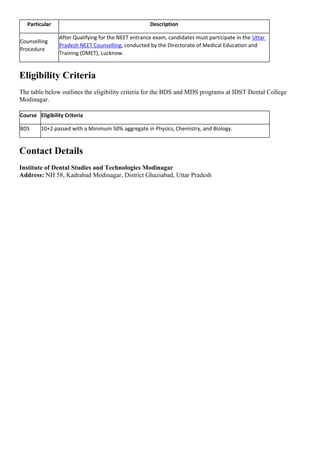 IDST Dental College Modinagar 2024-25 course | PDF