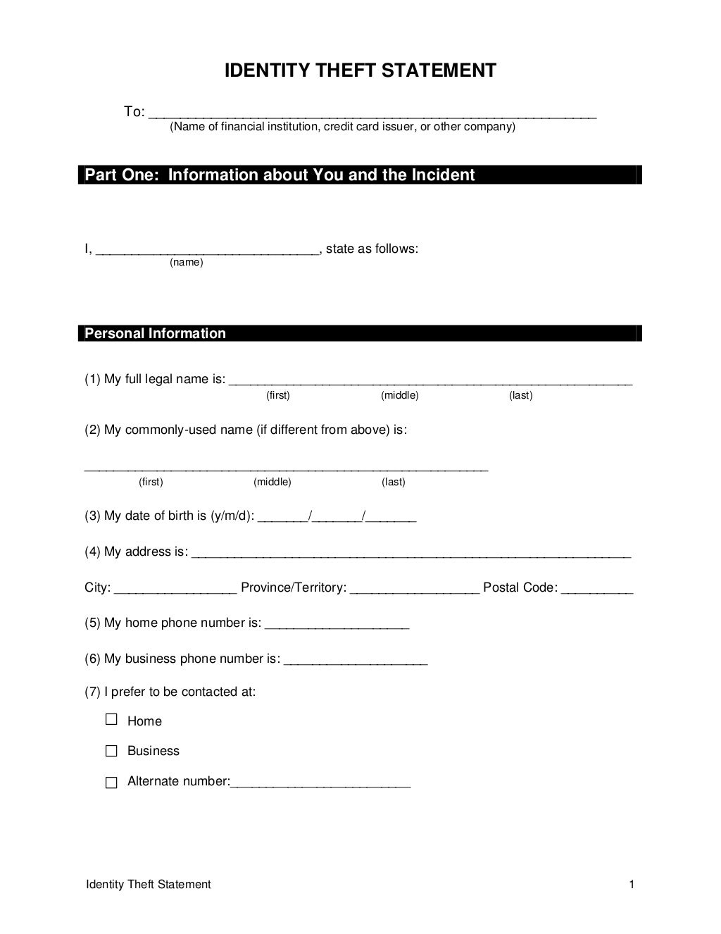 Identity theft statement