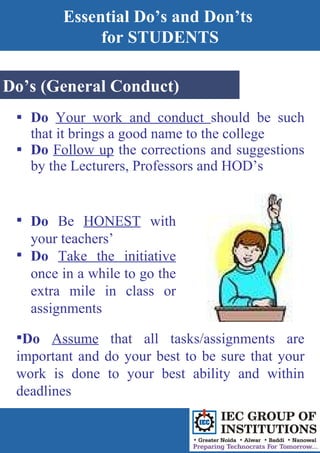 IEC do's & don'ts for New Students | PPT