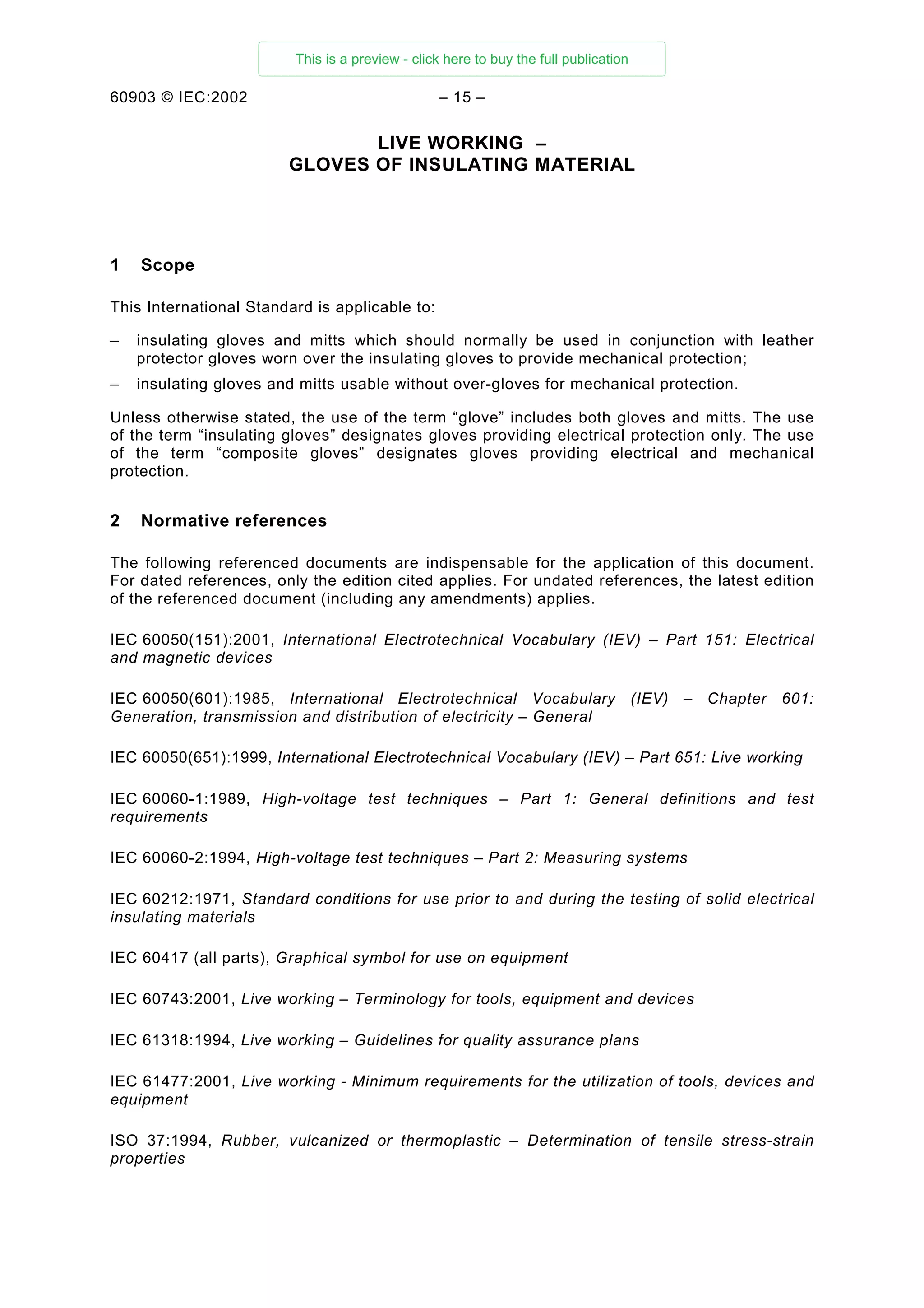 IEC 60903 2nd Edition 2002-08 - Insulating Gloves (Preview) | PDF