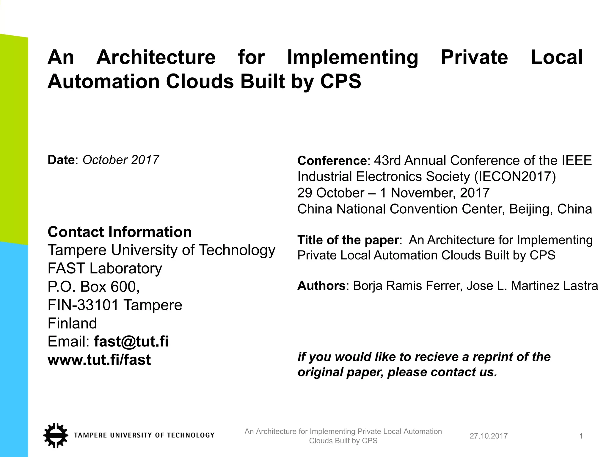 An Architecture for Implementing Private Local Automation Clouds Built by CPS | PPT