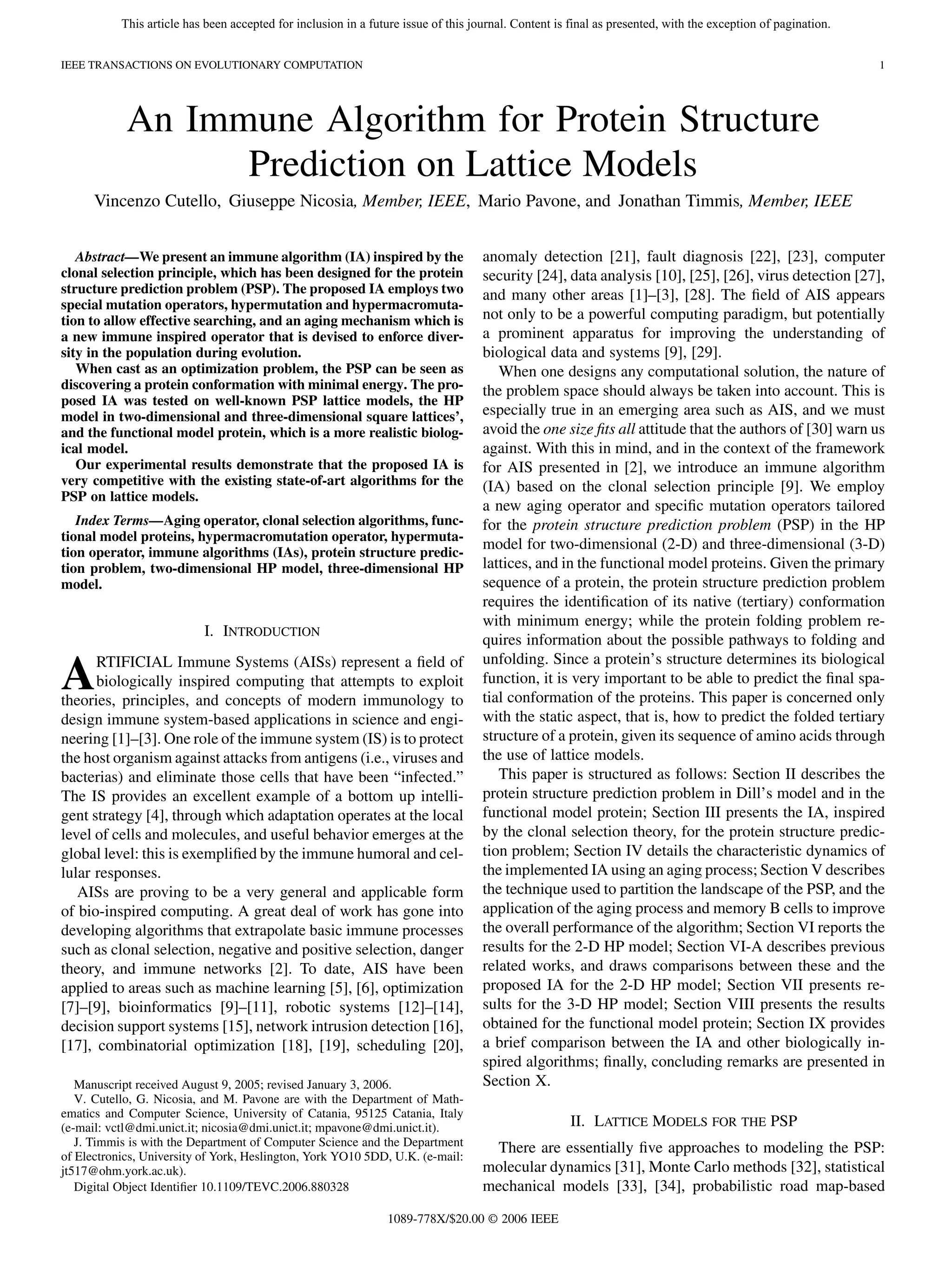 An Immune Algorithm For Protein Structure Prediction On Lattice Models