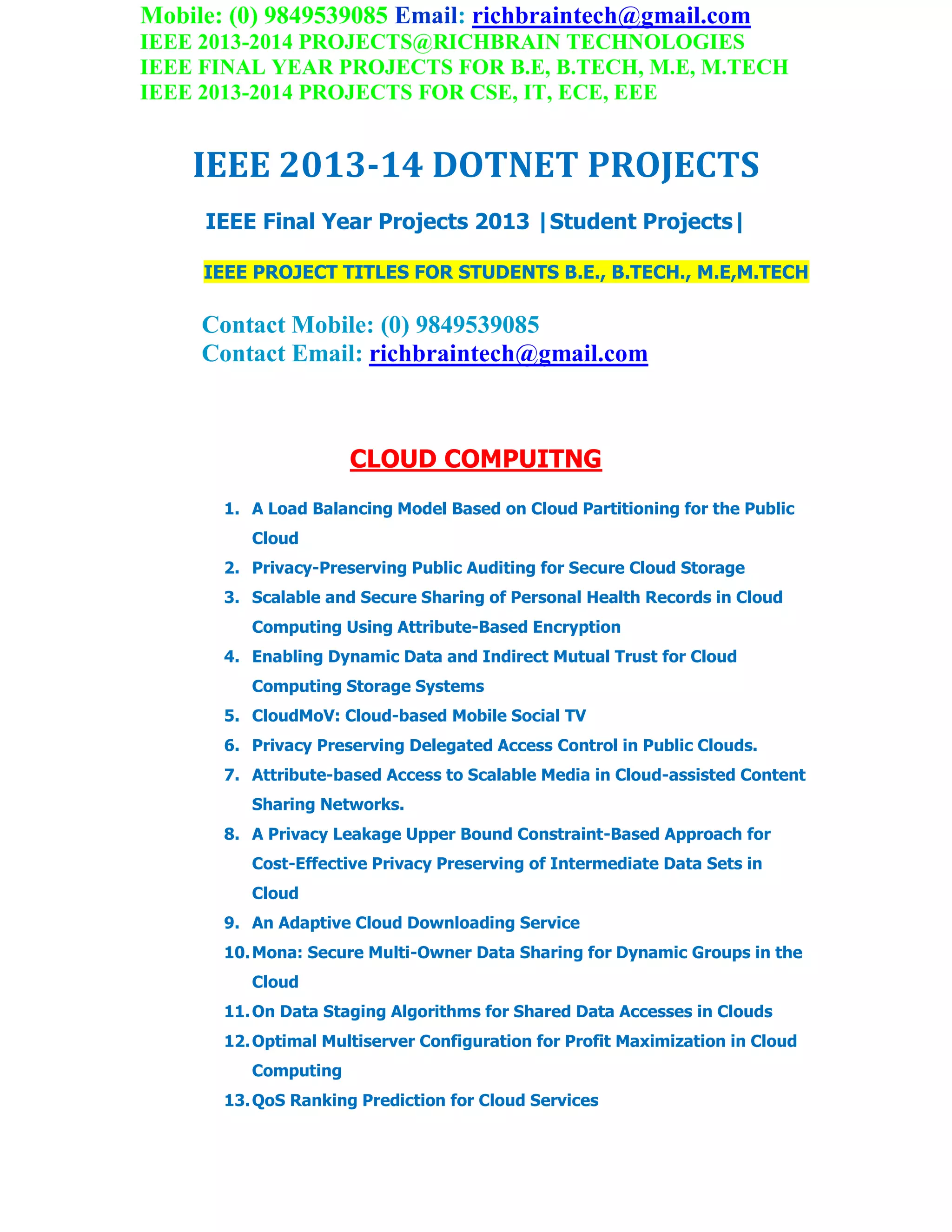 Ieee 2013 2014 Dotnet Project Titles Richbraintechnologies Pdf
