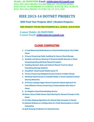 Ieee 2013 2014 dotnet project titles richbraintechnologies | PDF