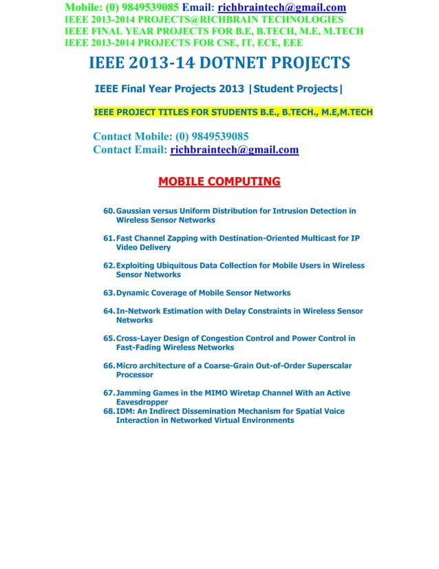 Ieee 2013 2014 final year me,mtech students for cse,it dotnet project titles | PDF