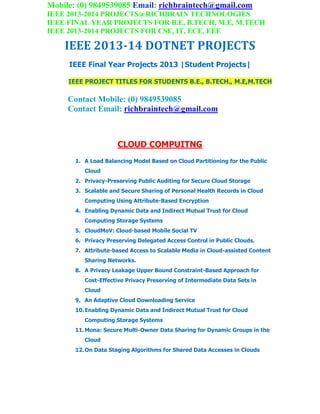 Ieee 2013 2014 final year students cse,it dotnet project titles | PDF