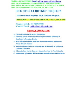 Ieee 2013 dotnet project titles richbrainprojects | PDF