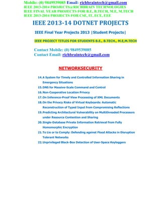 Ieee 2013 dotnet project titles richbraintech | PDF