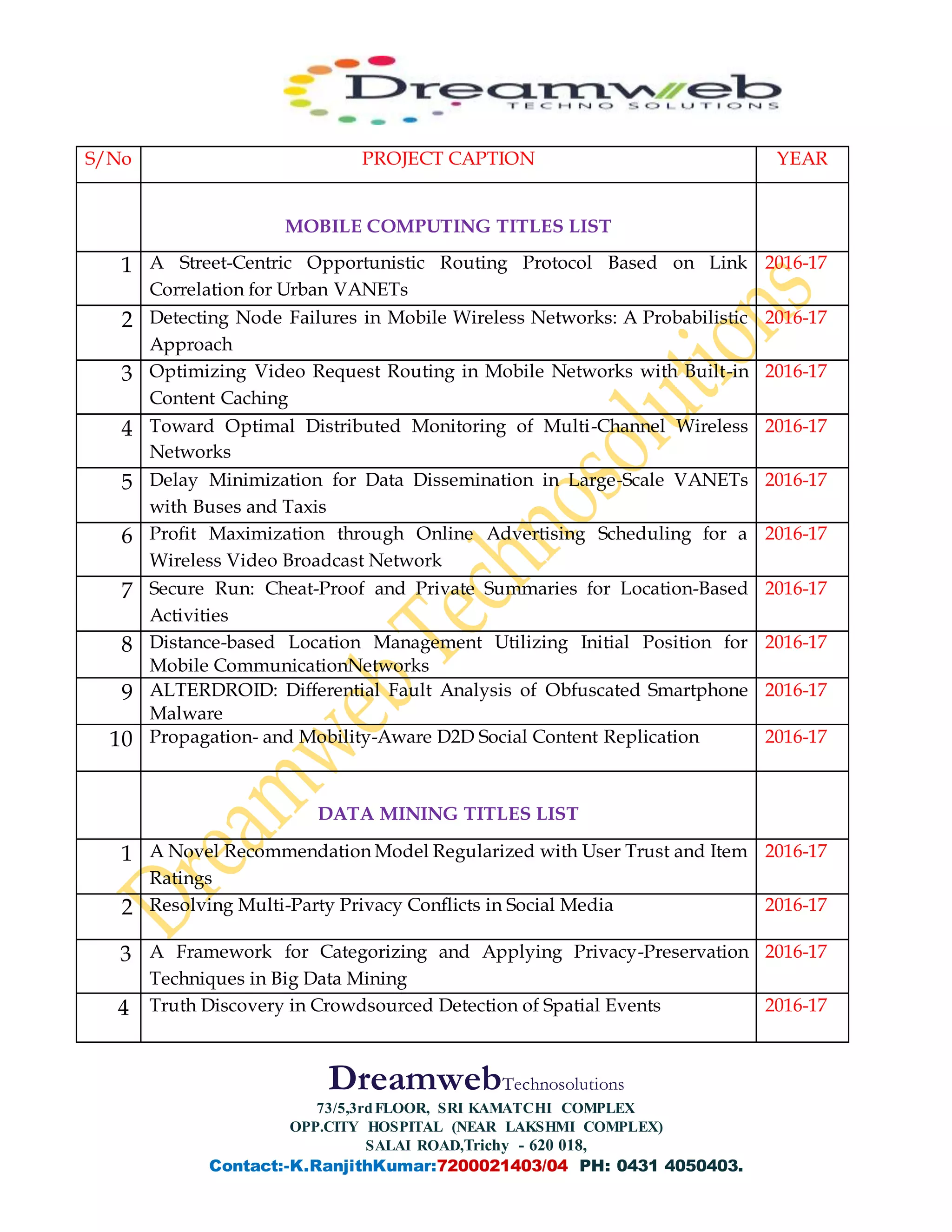 Ieee 2016 project titles in mobilecomputing for me m.tech