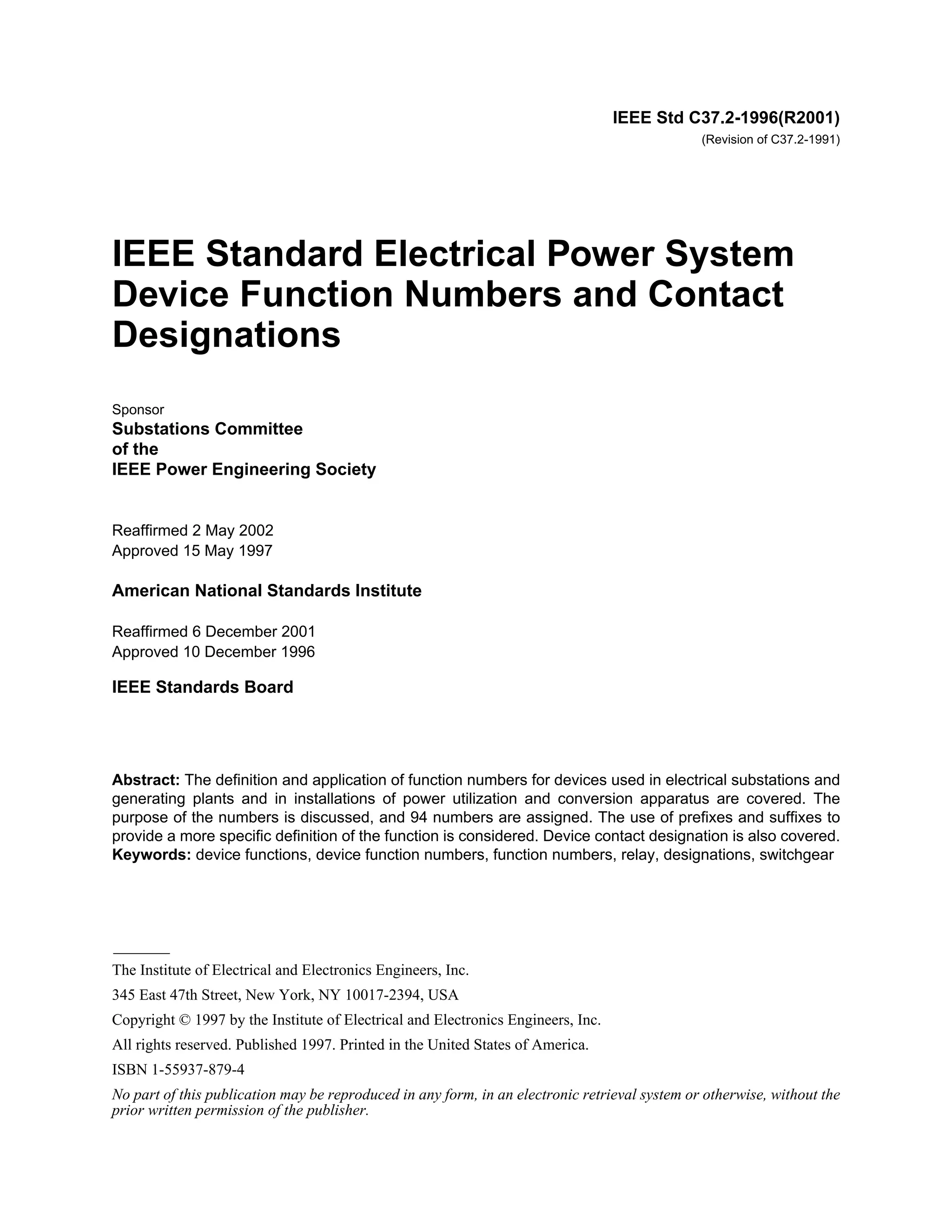 Ieee c37.2 2001 device function numbers and contact designations | PDF