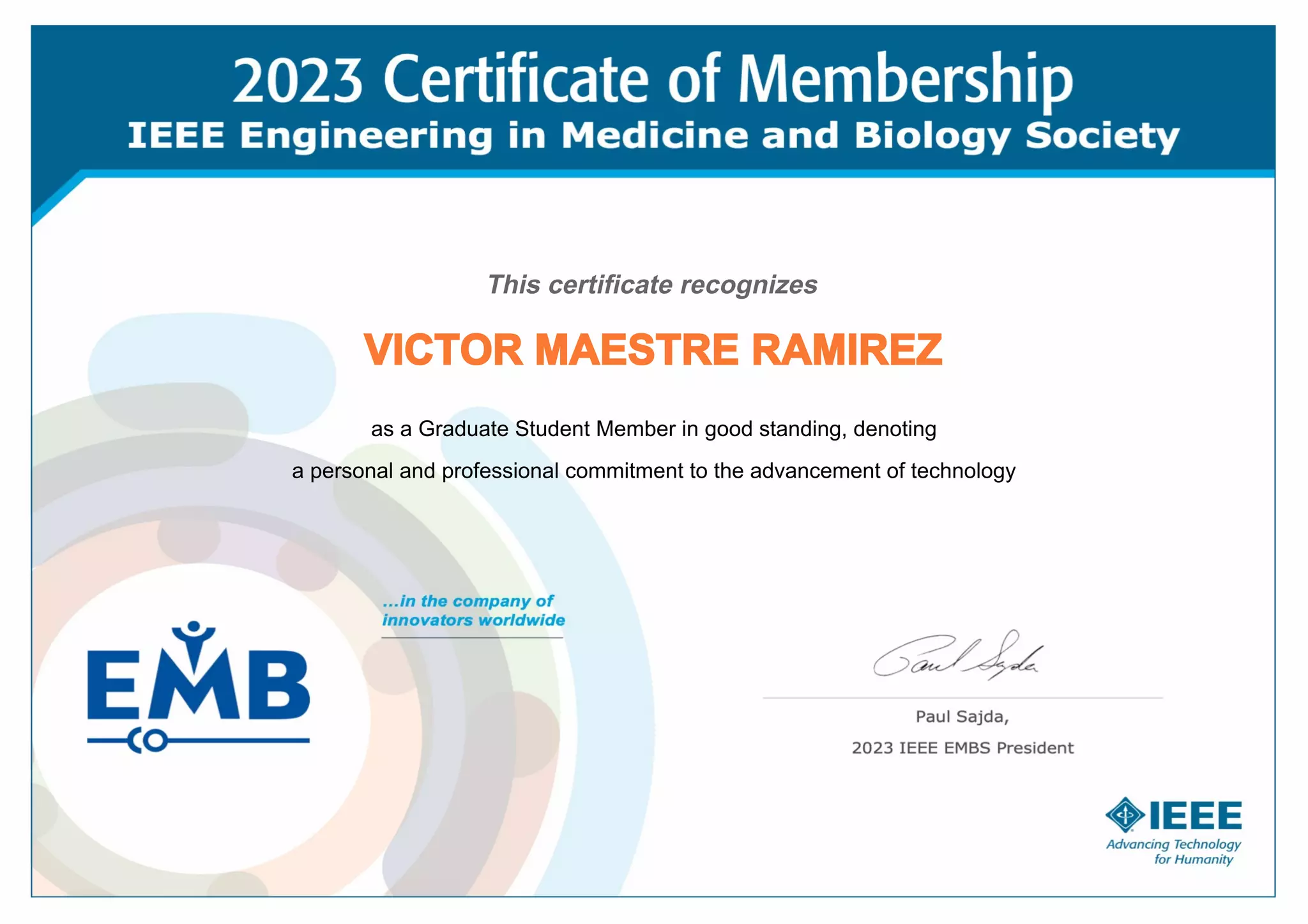 IEEE Engineering in Medicine and Biology Society - 2023 Certificate of ...