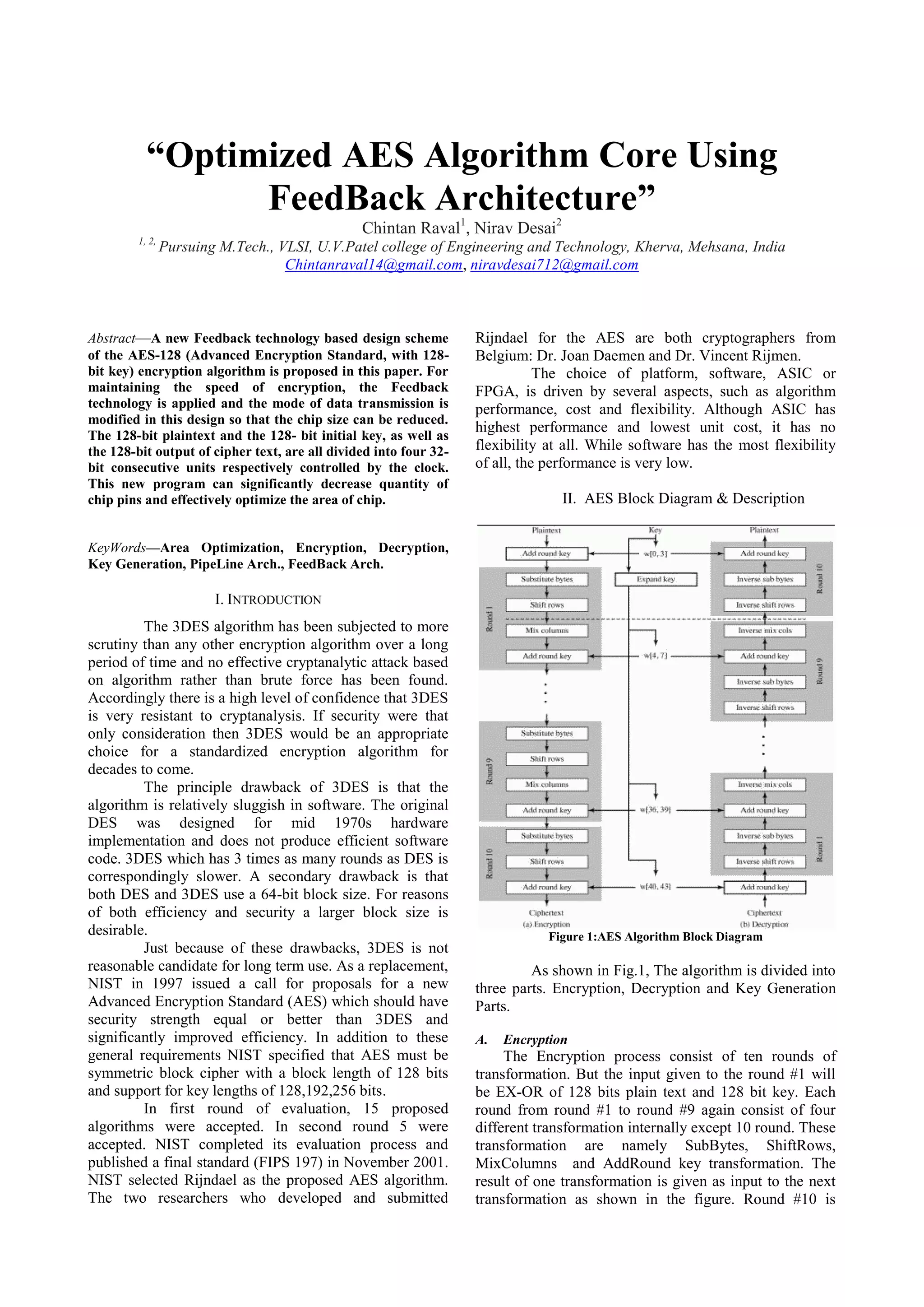 “Optimized AES Algorithm Core Using FeedBack Architecture” | PDF