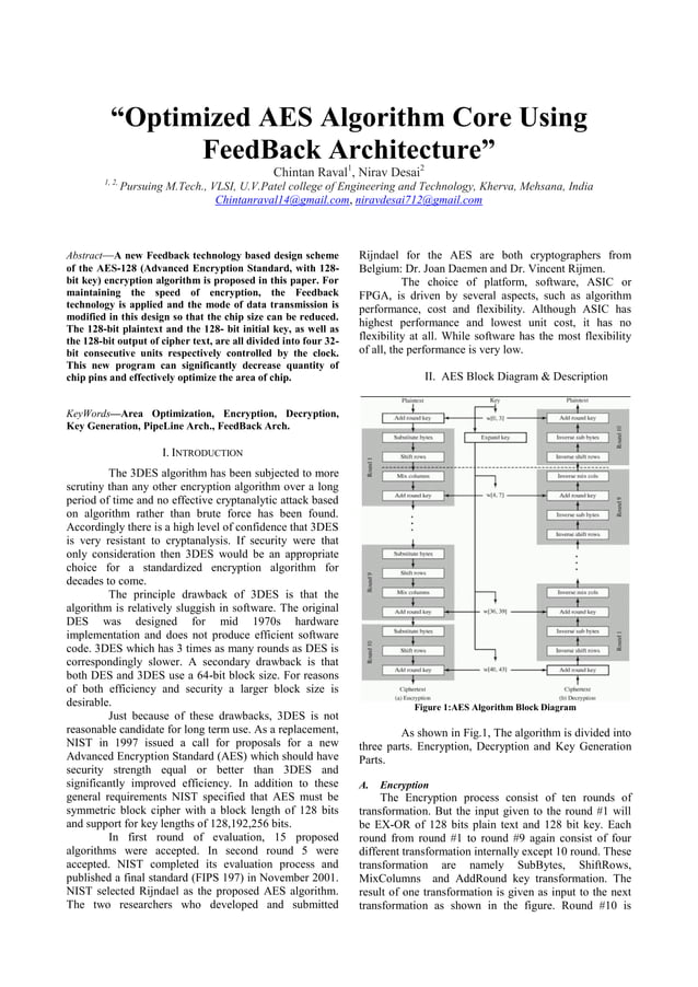 Paper on Optimized AES Algorithm Core Using FeedBack Architecture | PDF