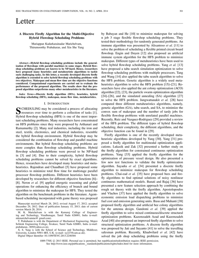A Discrete Firefly Algorithm for the Multi-Objective Hybrid Flowshop Scheduling Problems | PDF