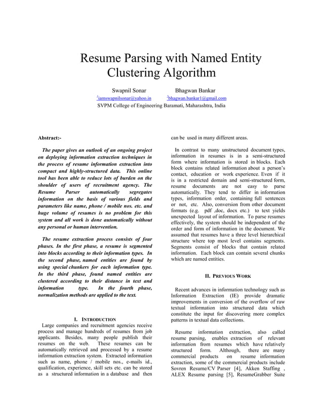 Resume Parsing with Named Entity Clustering Algorithm | PDF