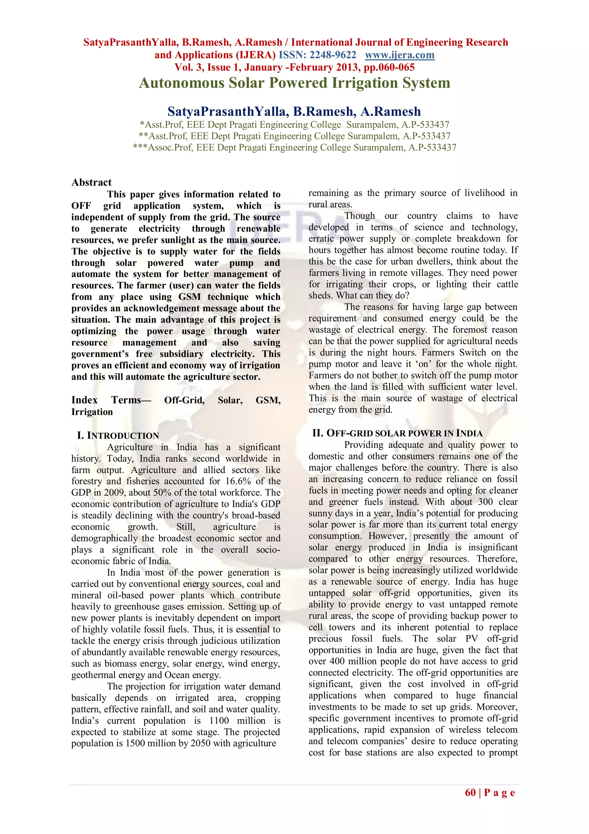 Ieeepro Techno Solutions 2013 Ieee Embedded Project Autonomous Solar Powered Irrigation System Pdf