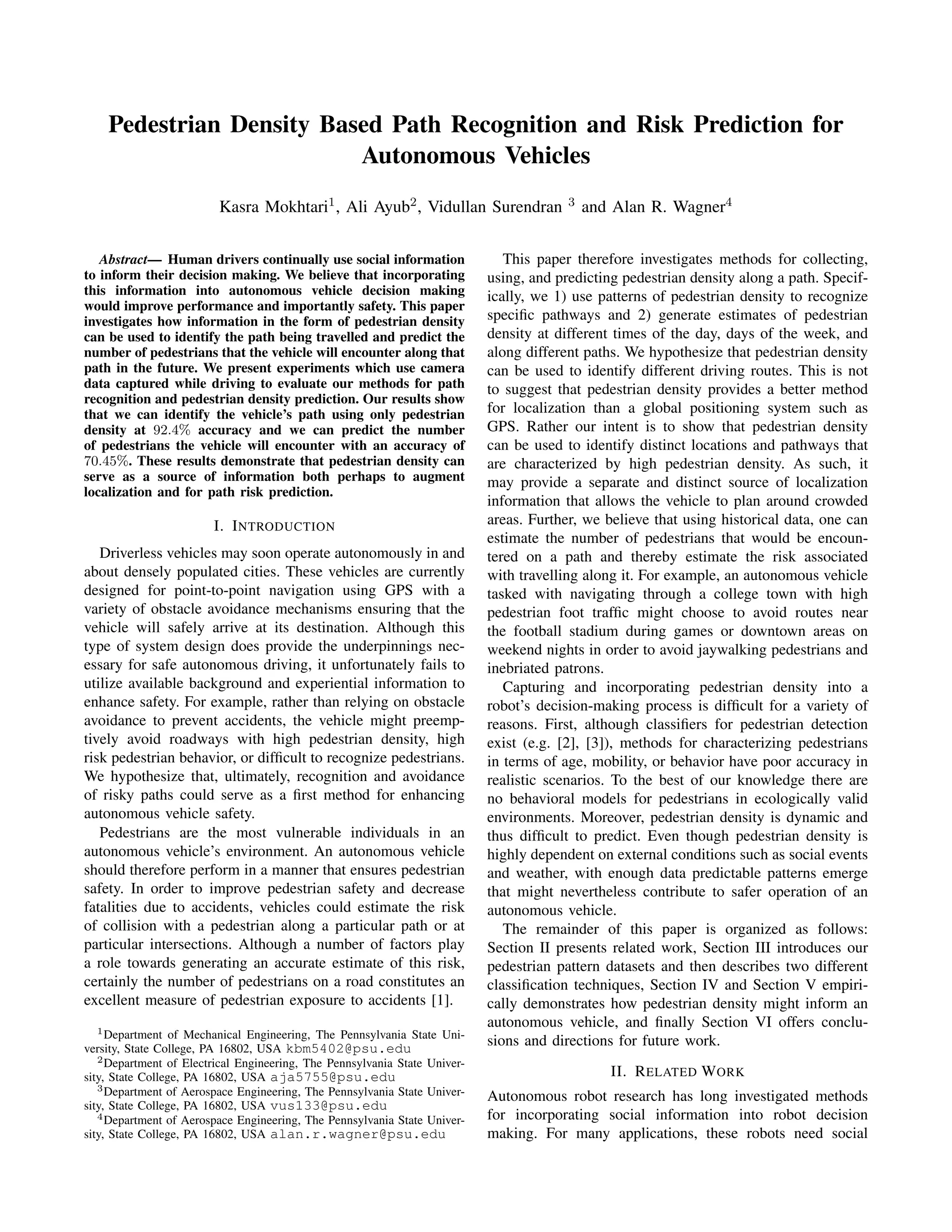 Pedestrian Density Based Path Recognition and Risk Prediction for Autonomous Vehicles | PDF
