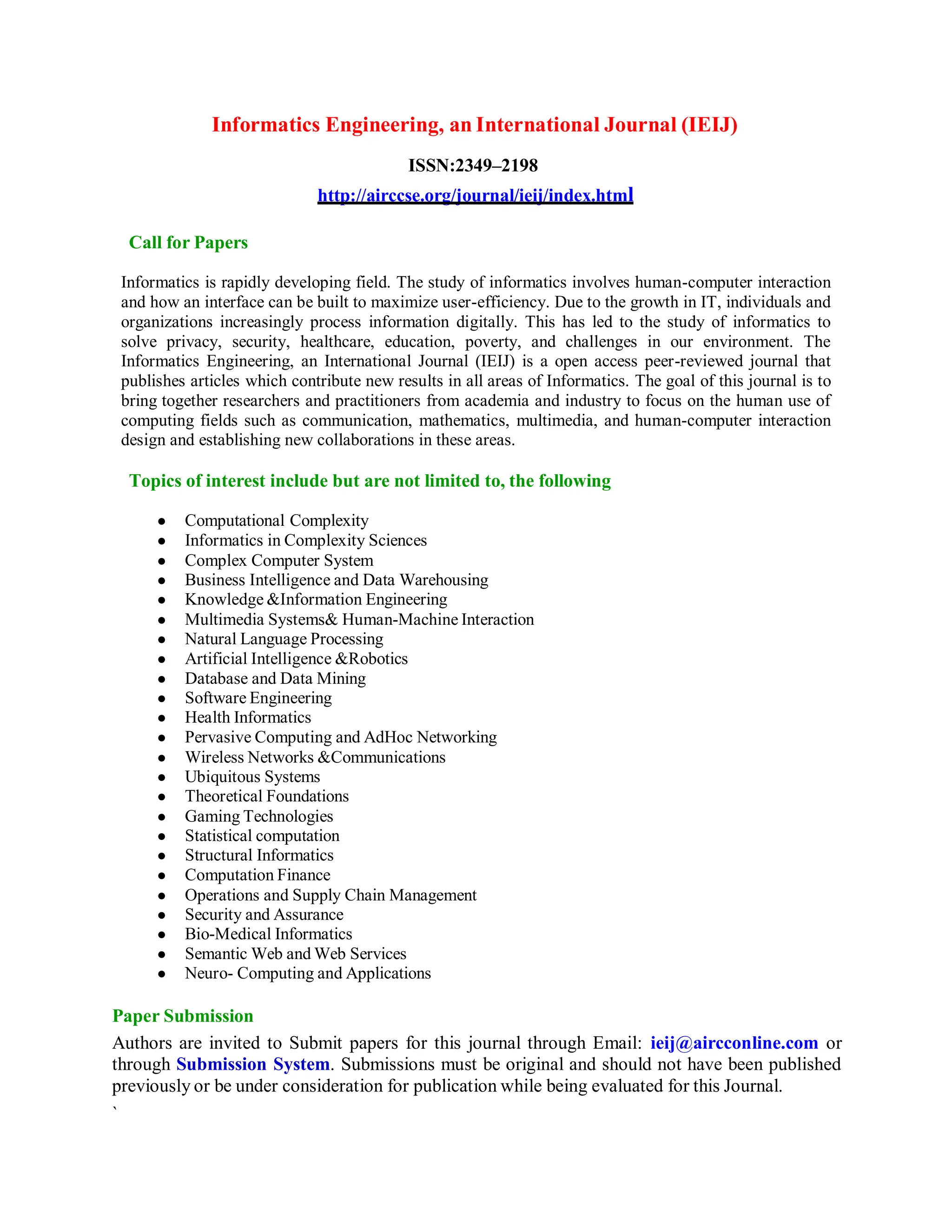 Upcoming Issue - Informatics Engineering, an International Journal (IEIJ) | PDF
