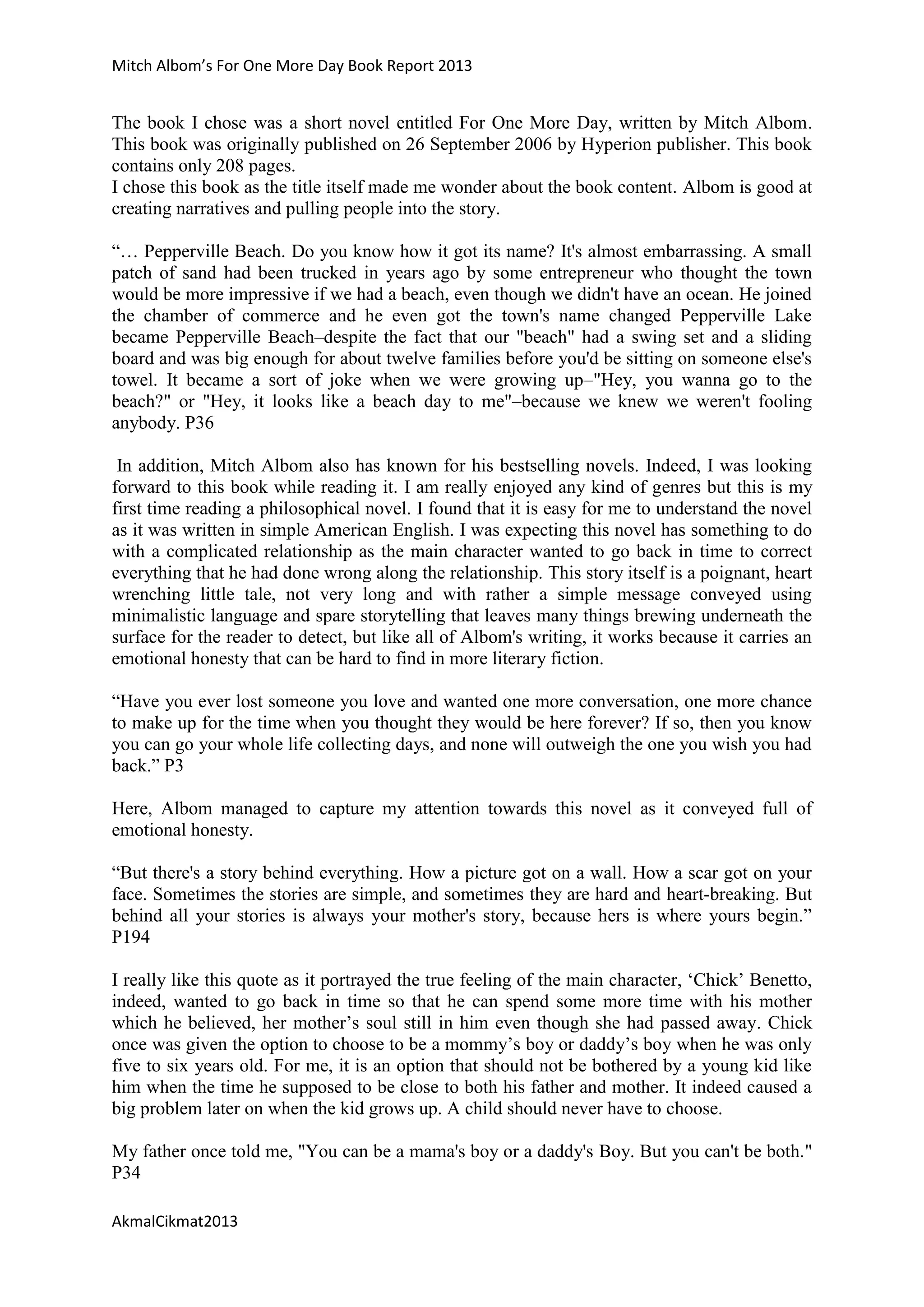 Mitch Albom's For One More Day Book Report | DOCX