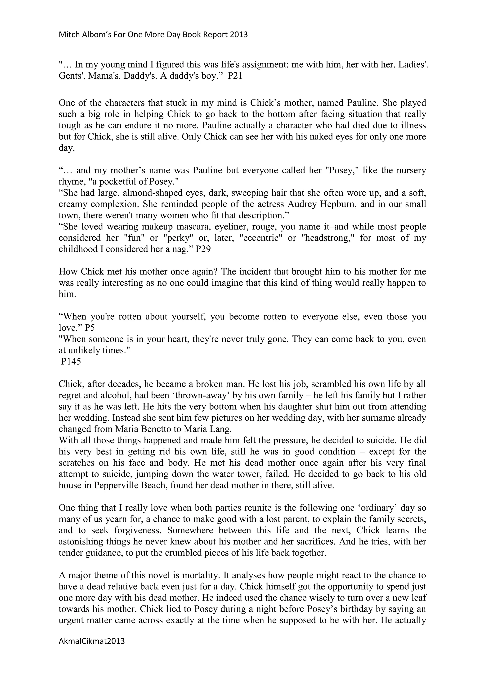 Mitch Albom's For One More Day Book Report | DOCX