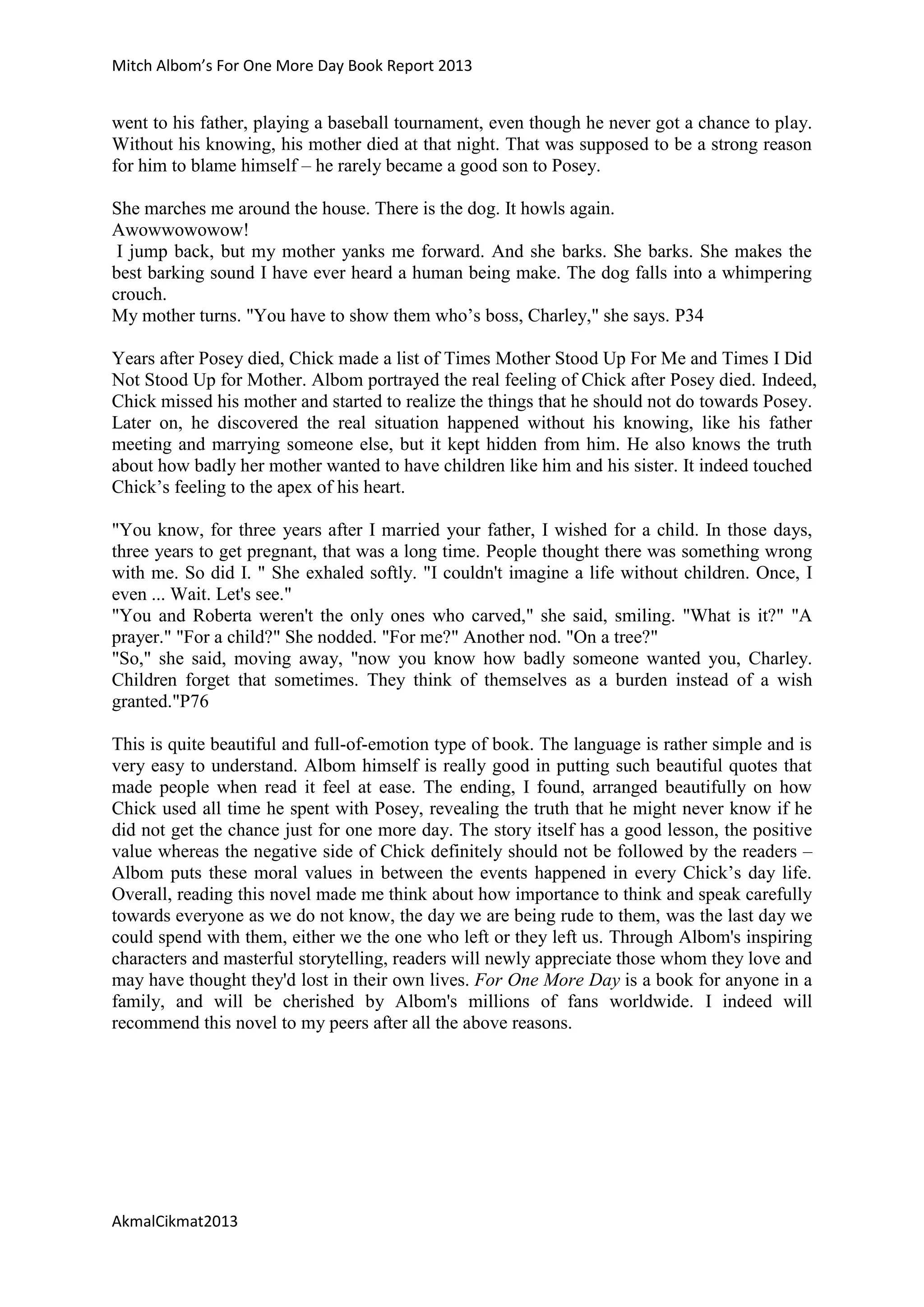 Mitch Albom's For One More Day Book Report | DOCX
