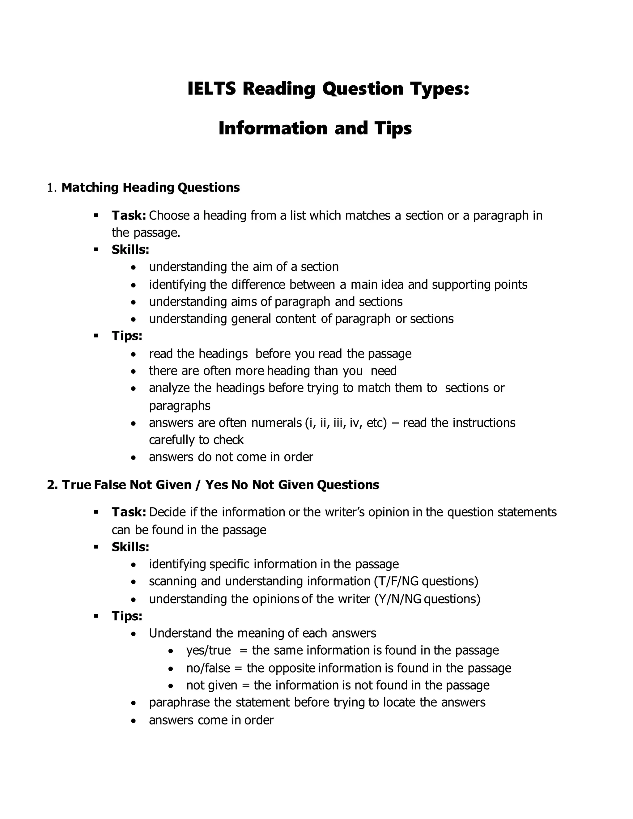 IELTS Reading Question Types: Information and Tips | DOCX