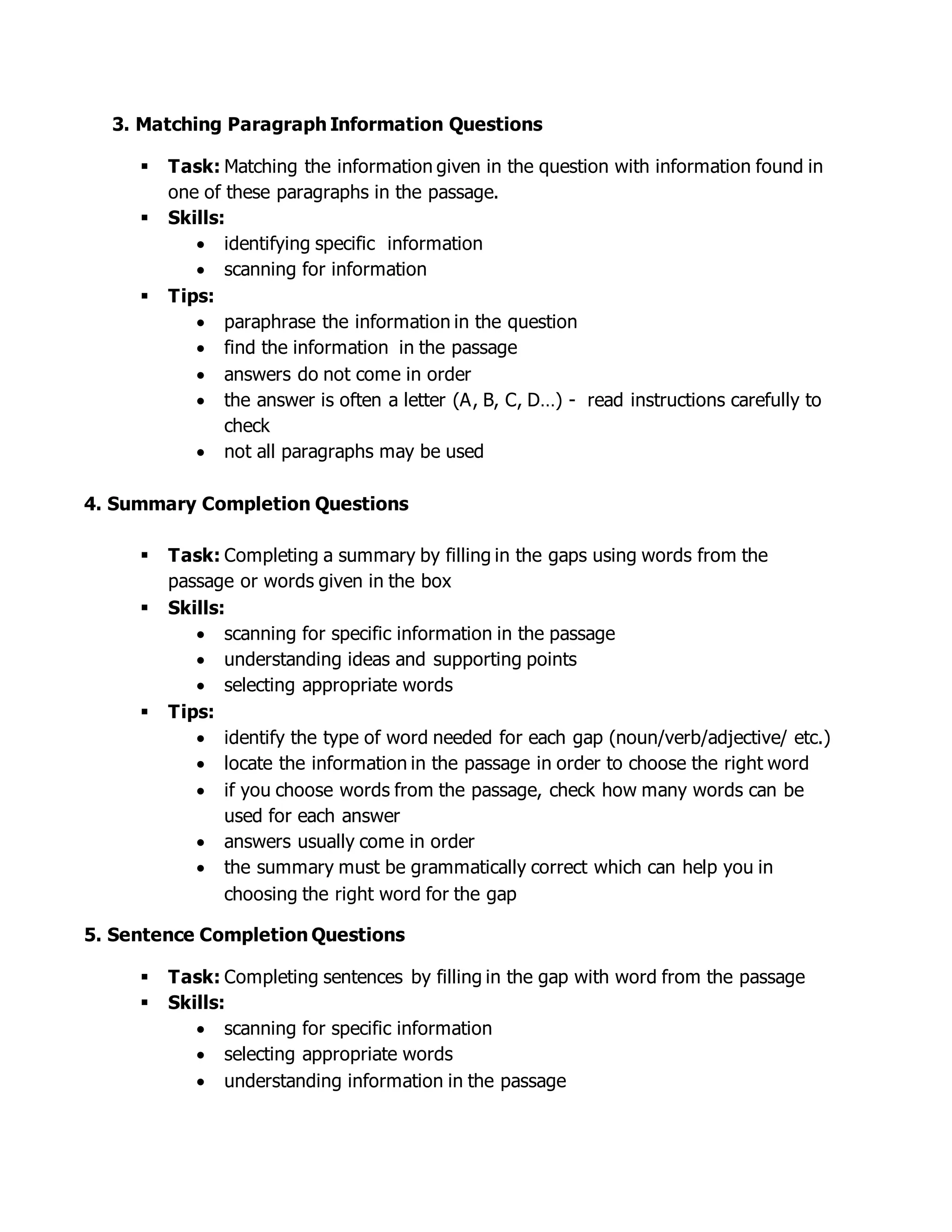 IELTS Reading Question Types: Information and Tips | DOCX